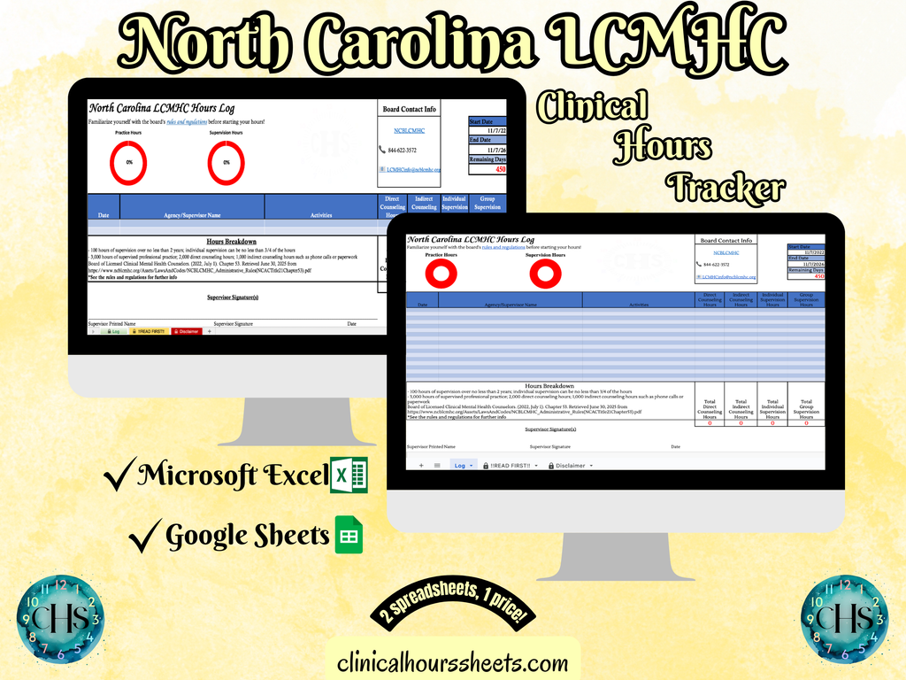 North Carolina LCMHC, Clinical Hours Tracker, Supervision Log for ...